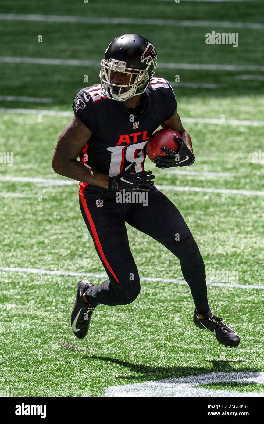 Atlanta Falcons wide receiver Calvin Ridley (18) works against the ... Atlanta Falcons wide receiver Calvin Ridley (18) works against the ...