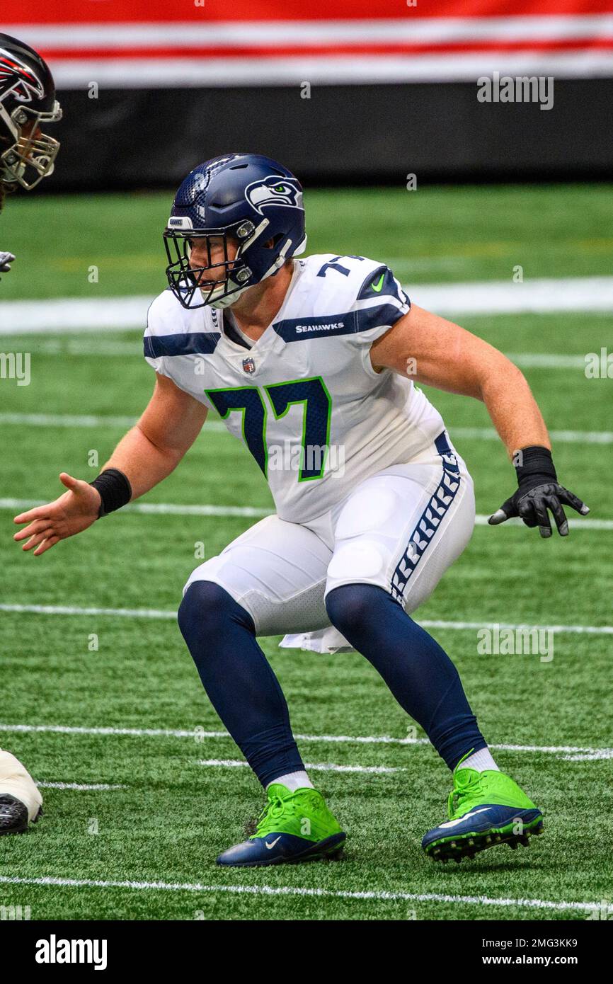 Seattle Seahawks offensive guard Ethan Pocic (77) works against the ...