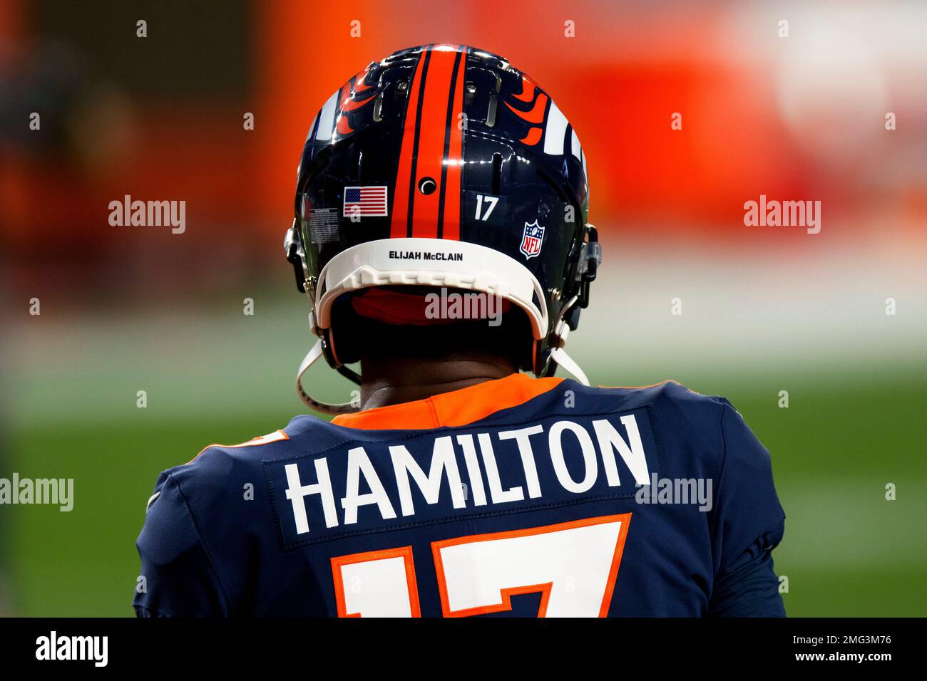 Denver Broncos wide receiver DaeSean Hamilton (17) displays a sticker ...