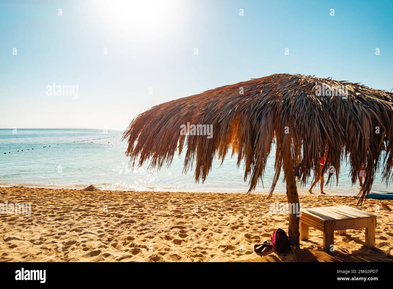 Tropical beach umbrella on the background of the blue sea and sky. The ...