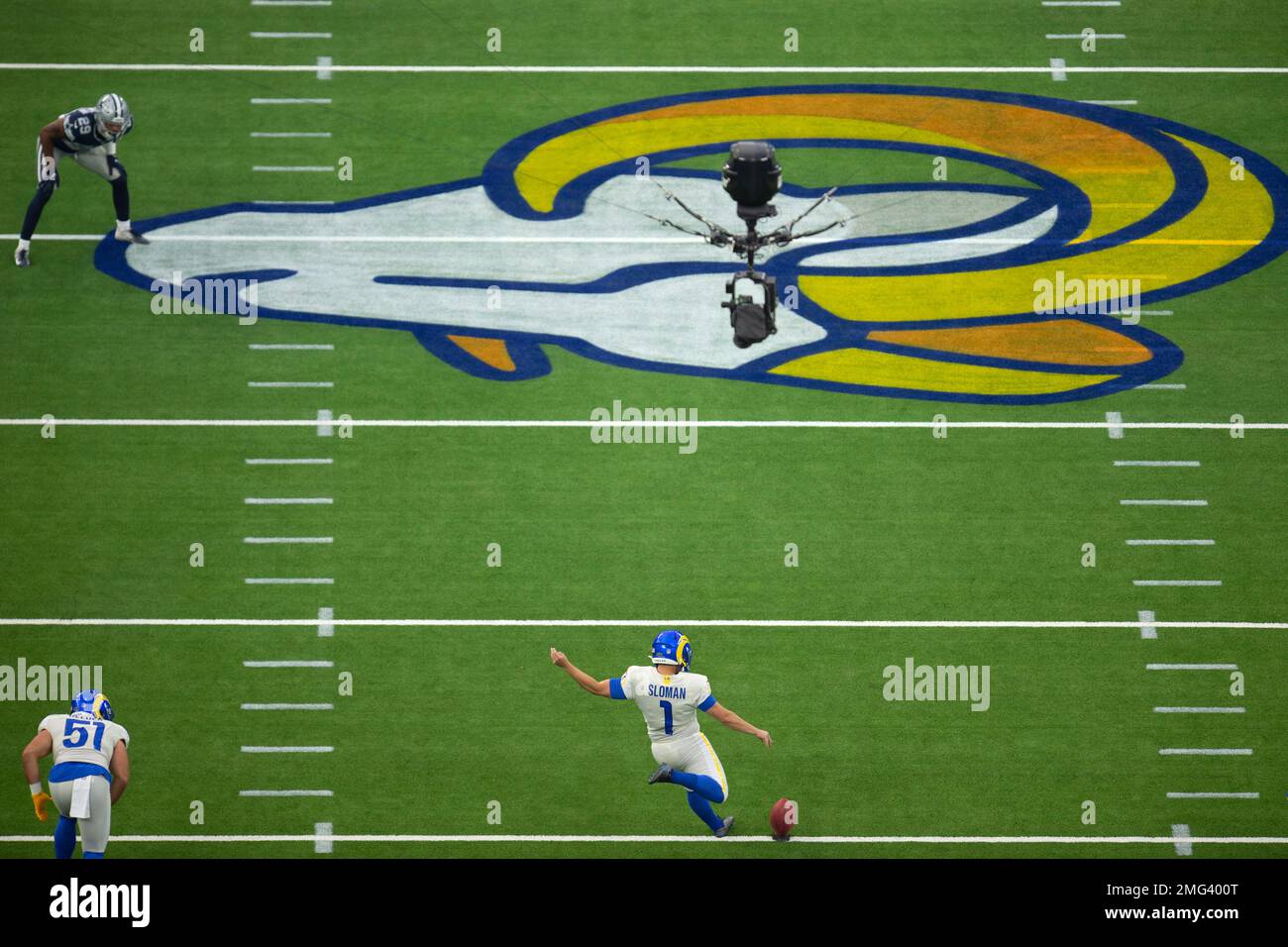 Los Angeles Rams kicker Sam Sloman kicks off the first game at SoFi ...