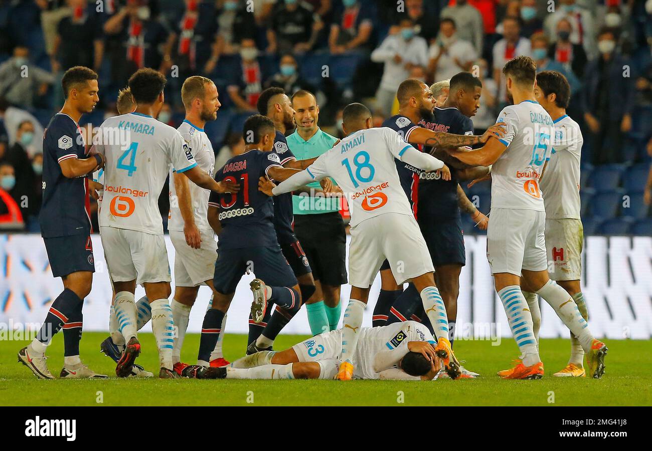 PSG and Marseille players clash near the end of the French League One ...