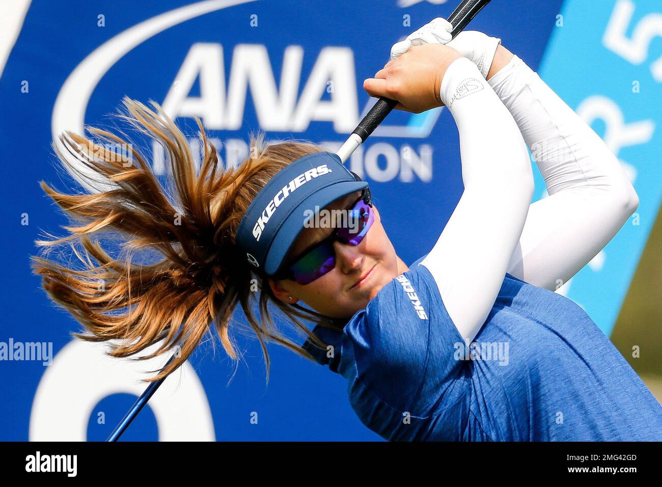 Brooke M. Henderson watches her tee shot on the ninth hole during the ...
