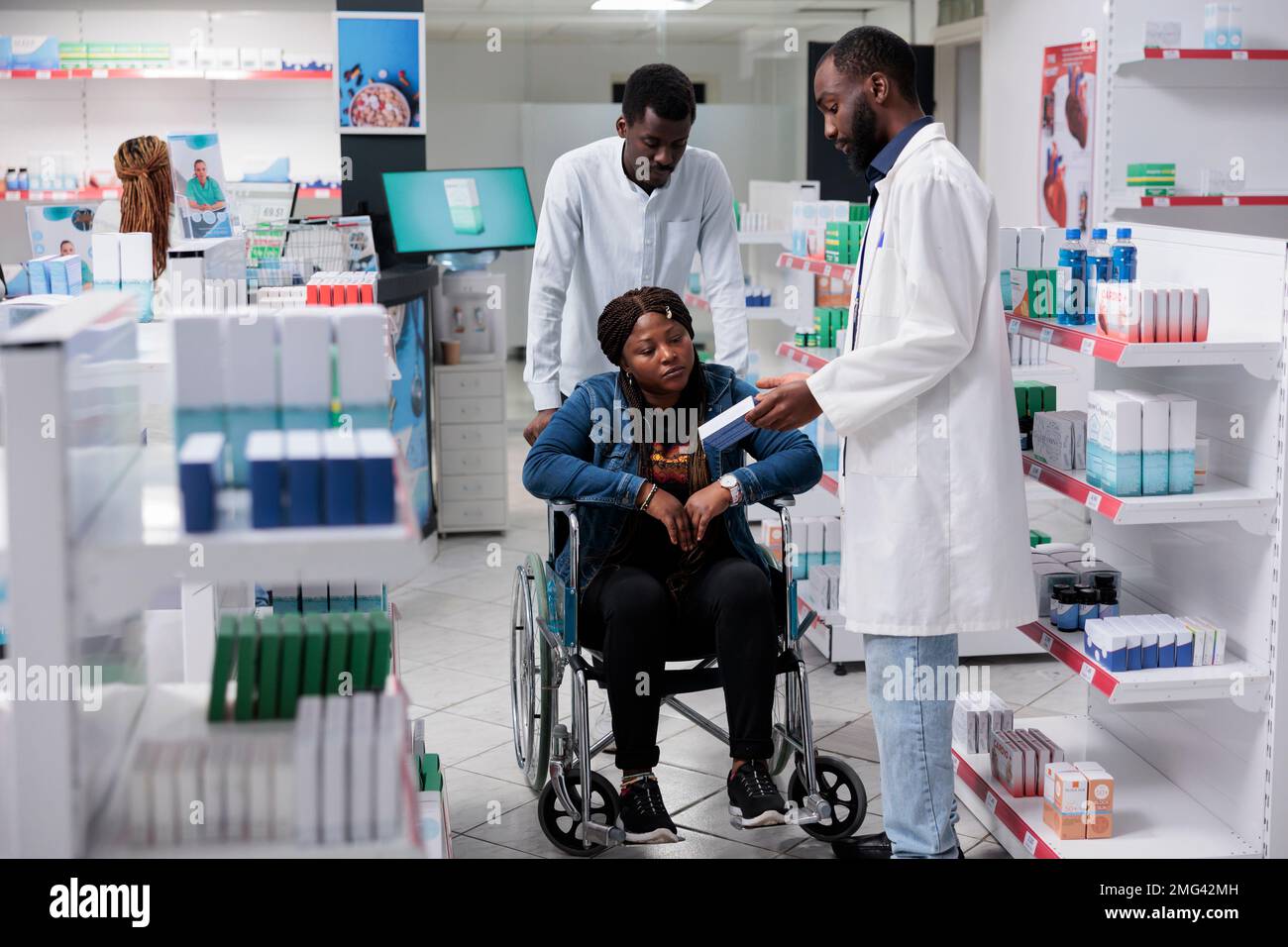 African american woman with disability shopping in drugstore ...