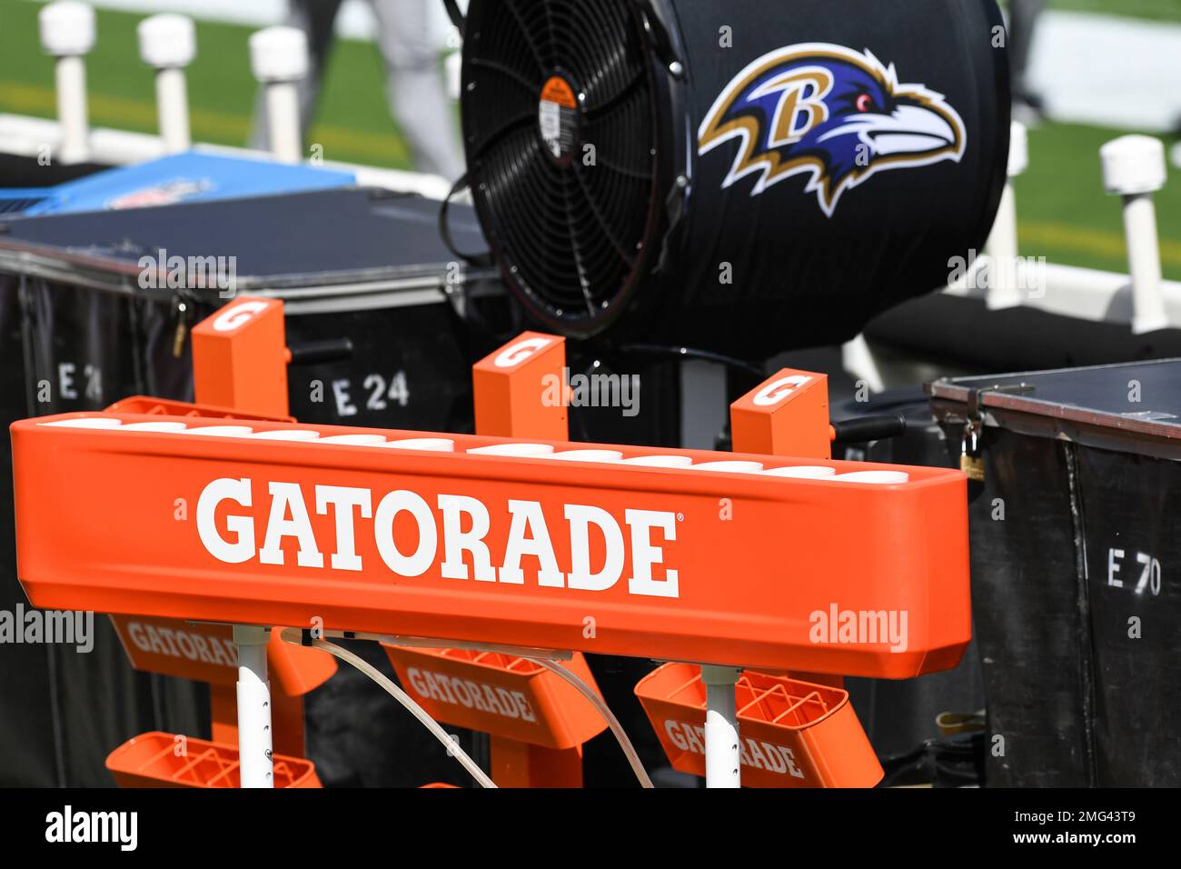 Gatorade beverage stands line the Baltimore Ravens before an NFL ...