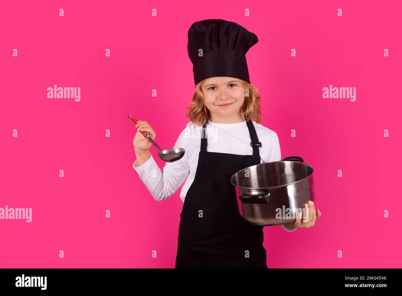 Kid cook with cooking pot and ladle. Cooking children. Chef kid boy ...
