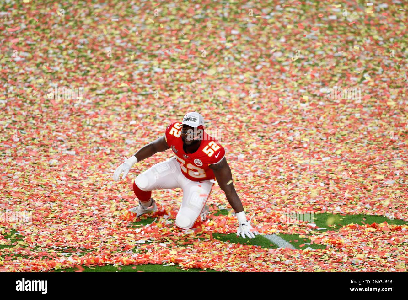 Kansas City Chiefs linebacker Demone Harris (52) celebrates in confetti ...