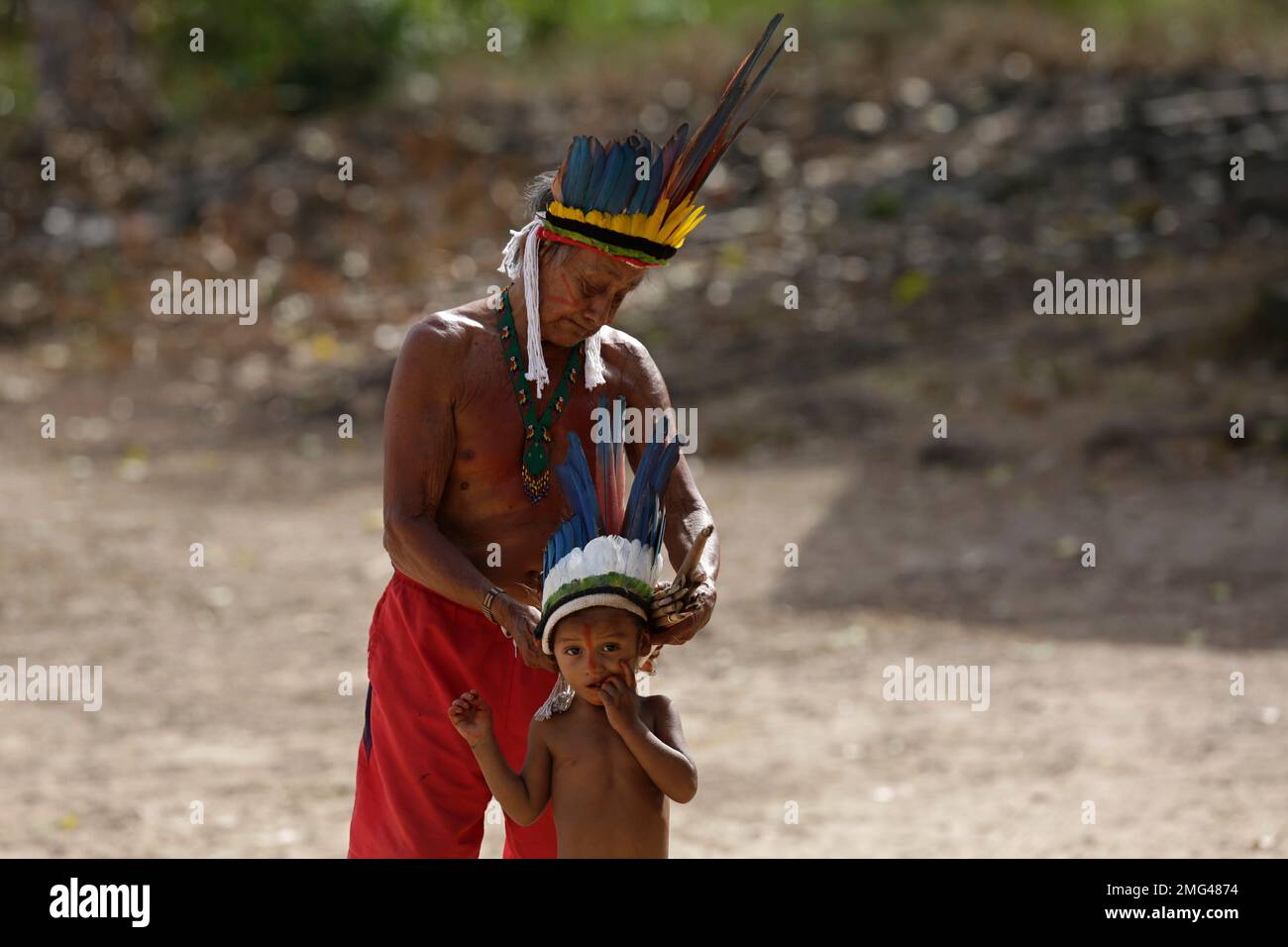 A Tenetehara Indigenous elder adjusts the headdress of a boy during a ...