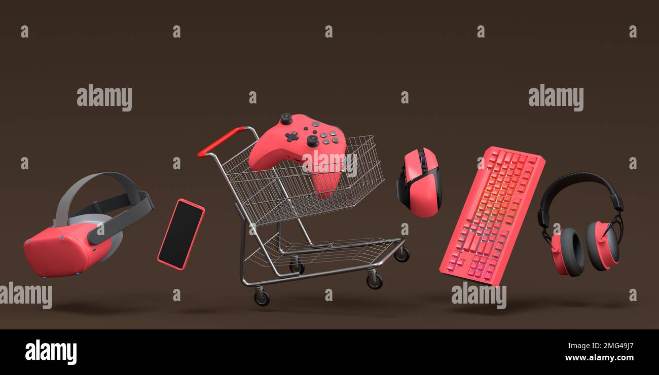 Flying gamer gears like mouse, keyboard, joystick, headset, VR Headset ...