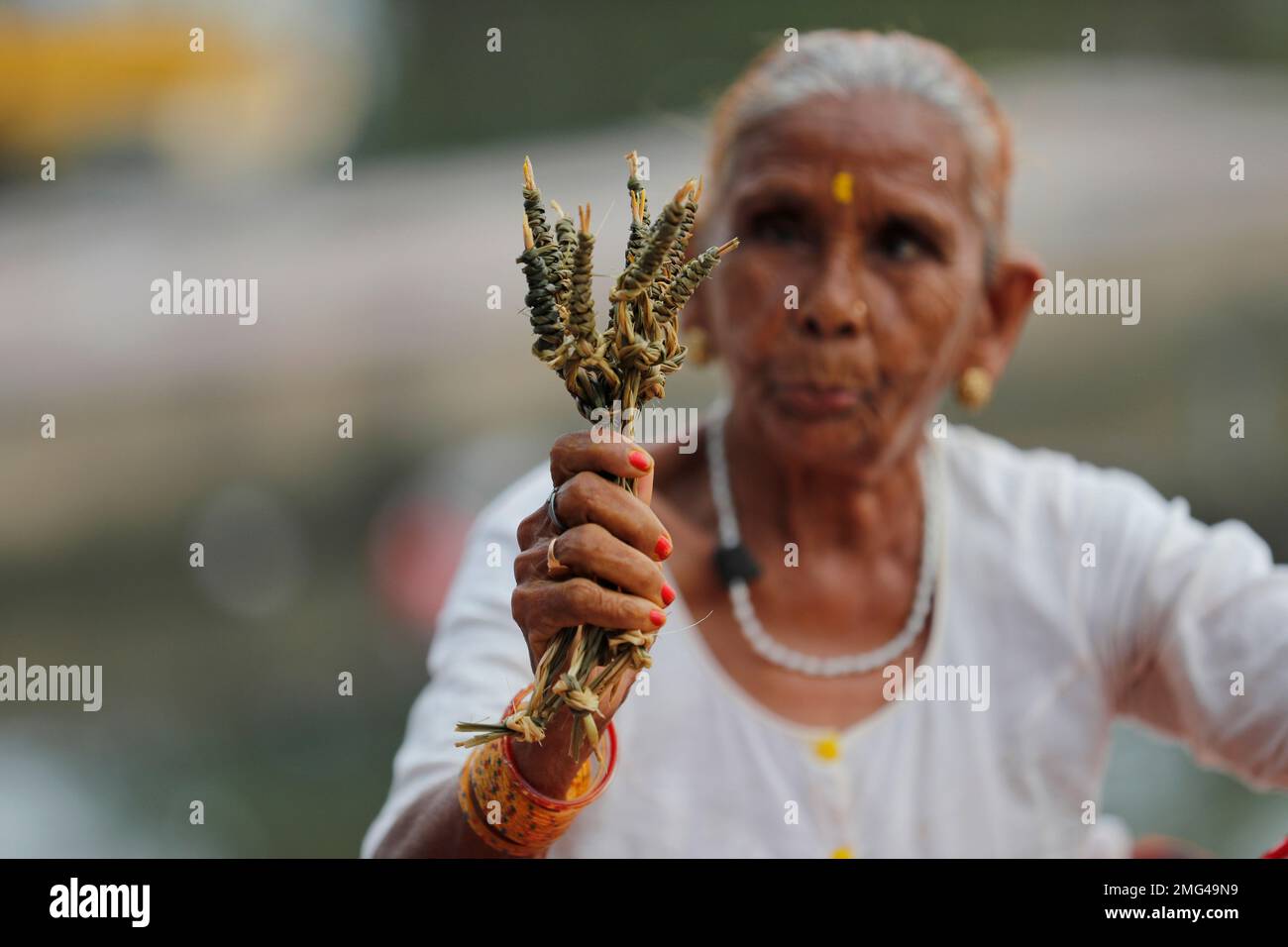A woman sell Kush, used for Hindu rituals, made of kusha grass at Kudia ...