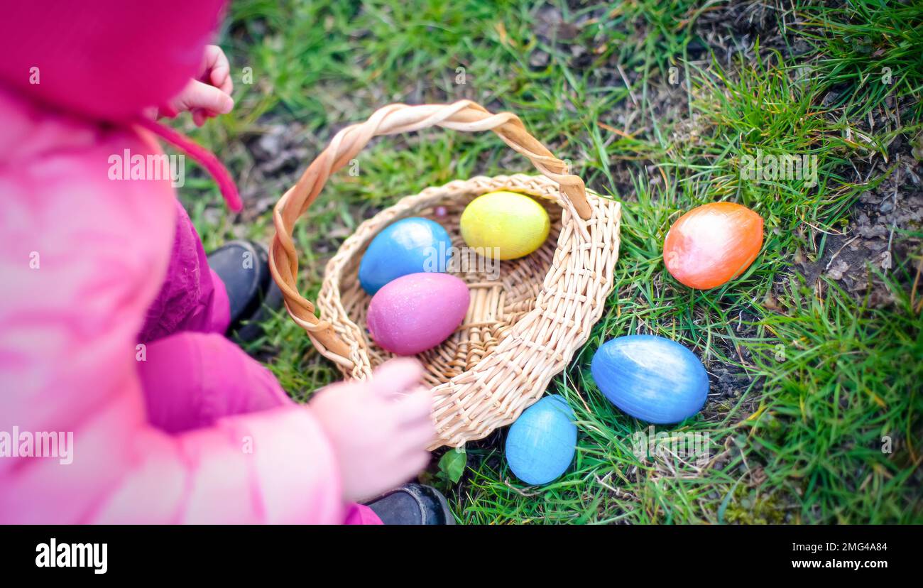 child collects colorful Easter eggs in basket. Easter egg hunt concept ...