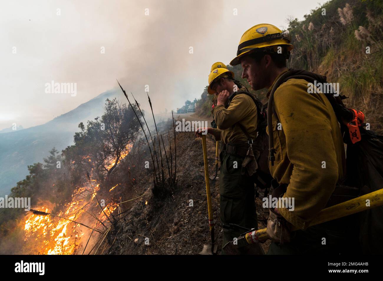 Firefighters monitor a controlled burn along Nacimiento-Fergusson Road ...