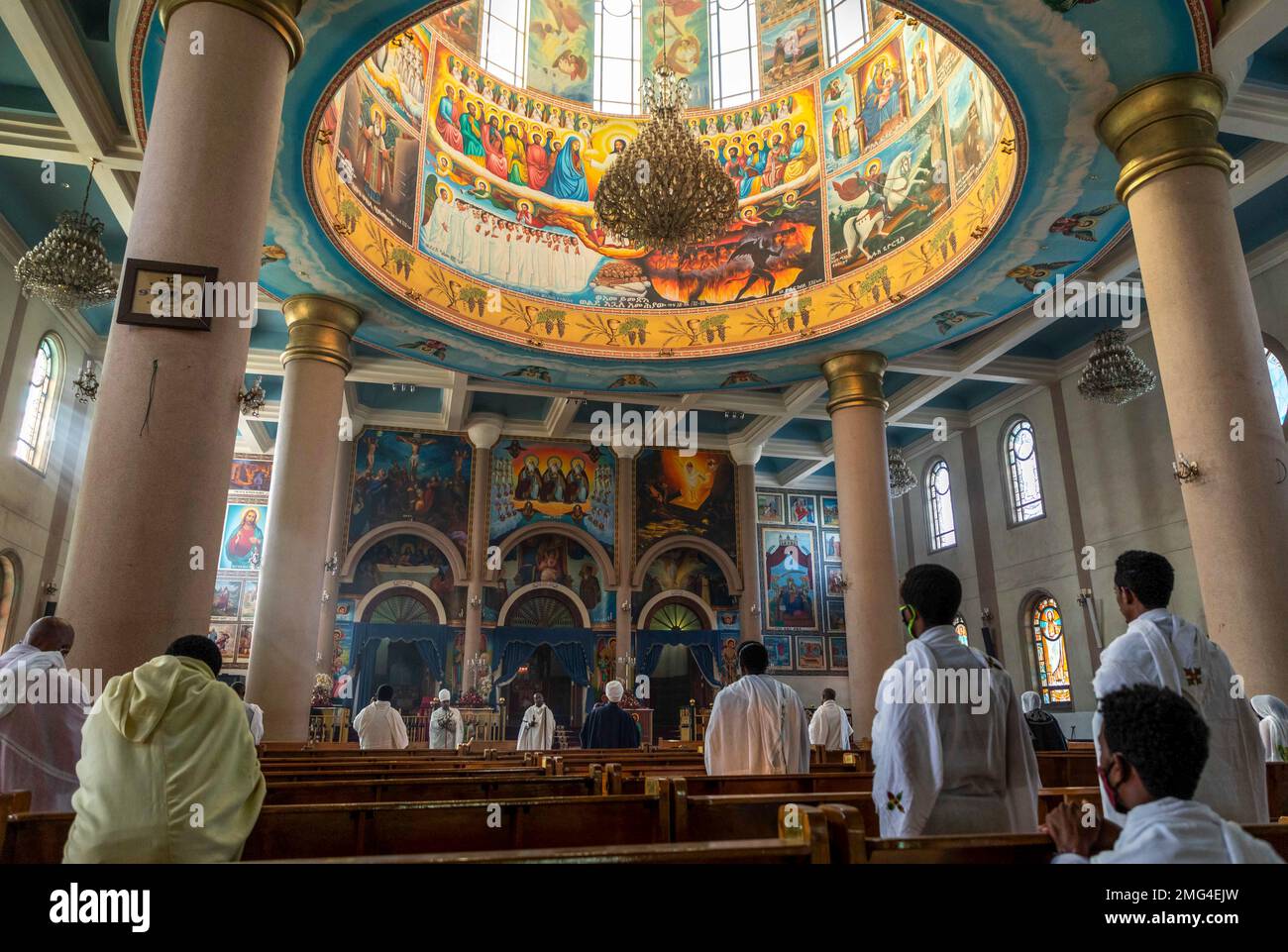 Ethiopian Orthodox faithful attend a prayer ceremony to mark the holiday of "Enkutatash", the ...