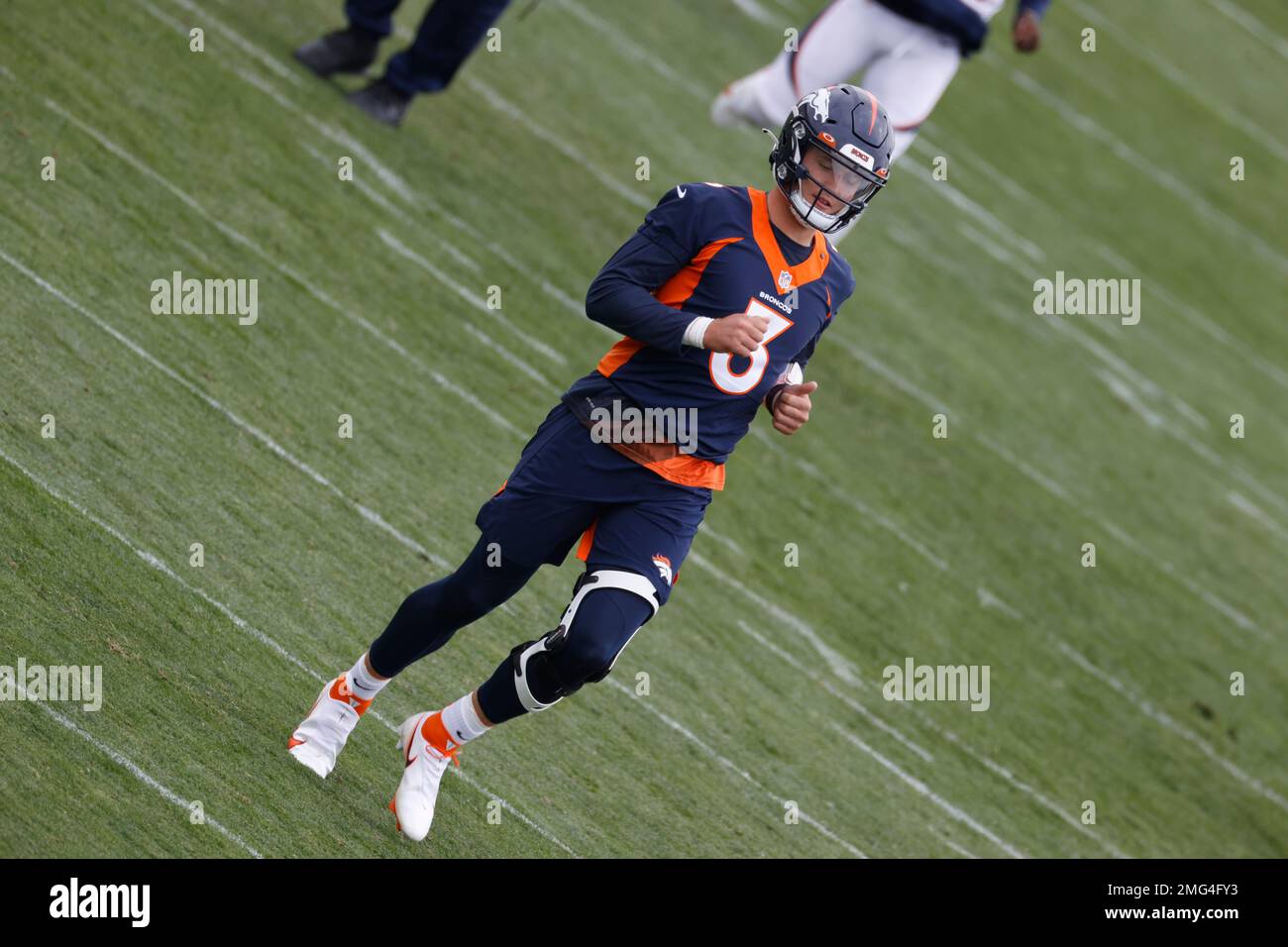 Denver Broncos quarterback Drew Lock (3) takes part in drills during an ...