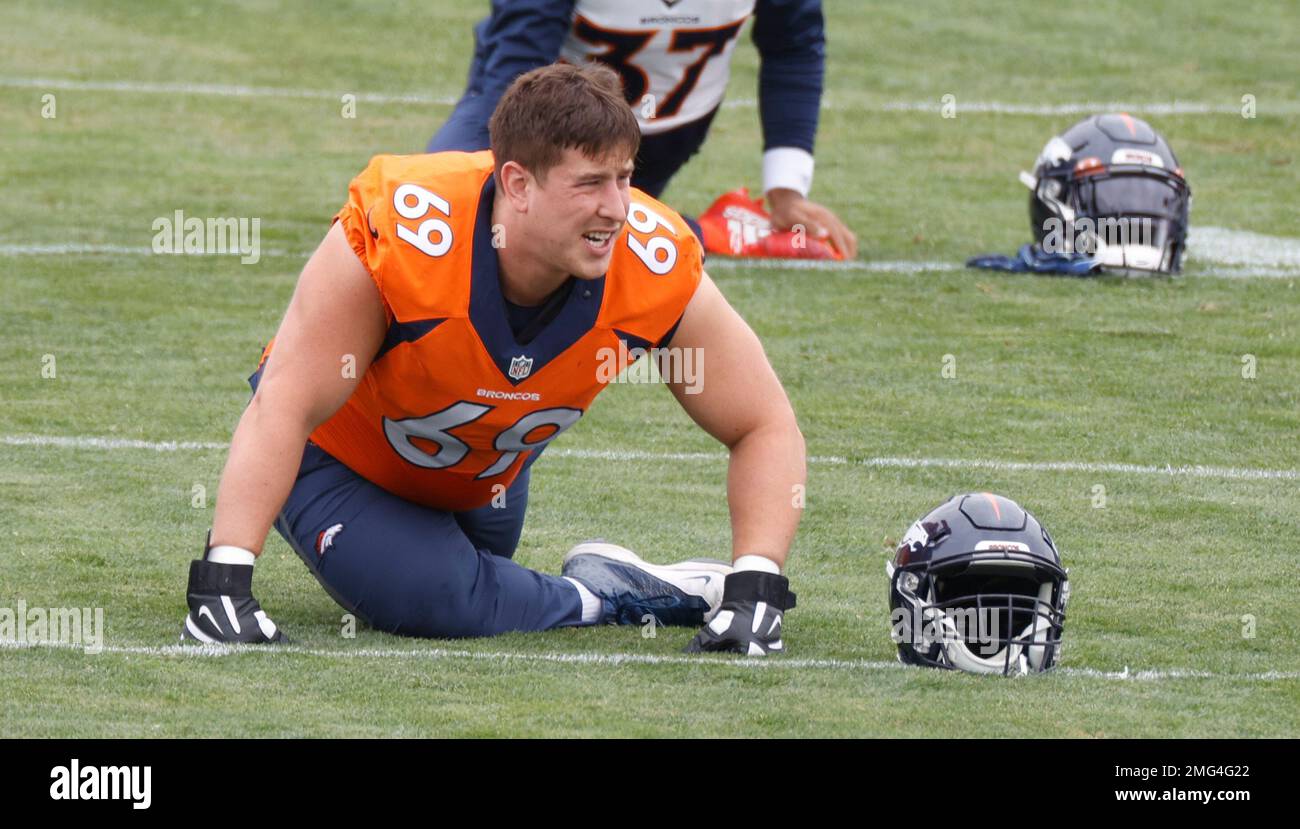 Denver Broncos offensive tackle Demar Dotson (69) takes part in drills ...