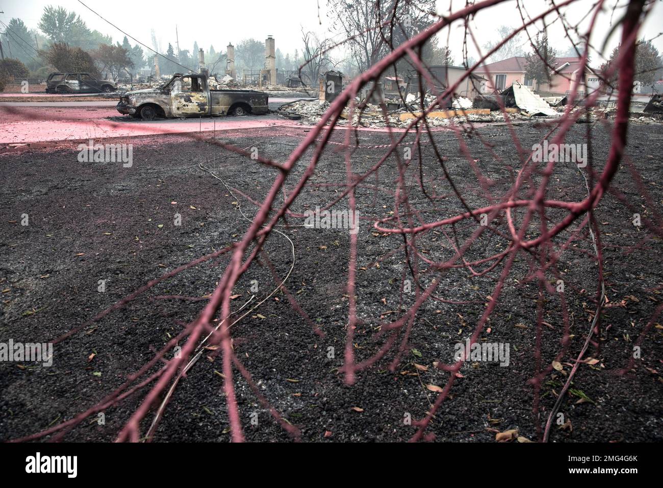 Pink fire retardant is seen on the burnt landscape destroyed by fire as ...