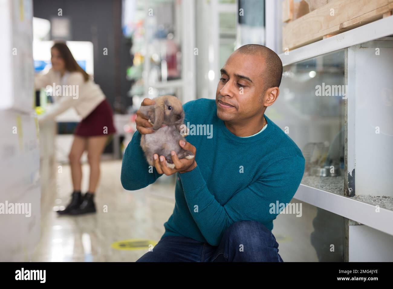 Man holding cute rabbit in pet shop Stock Photo - Alamy
