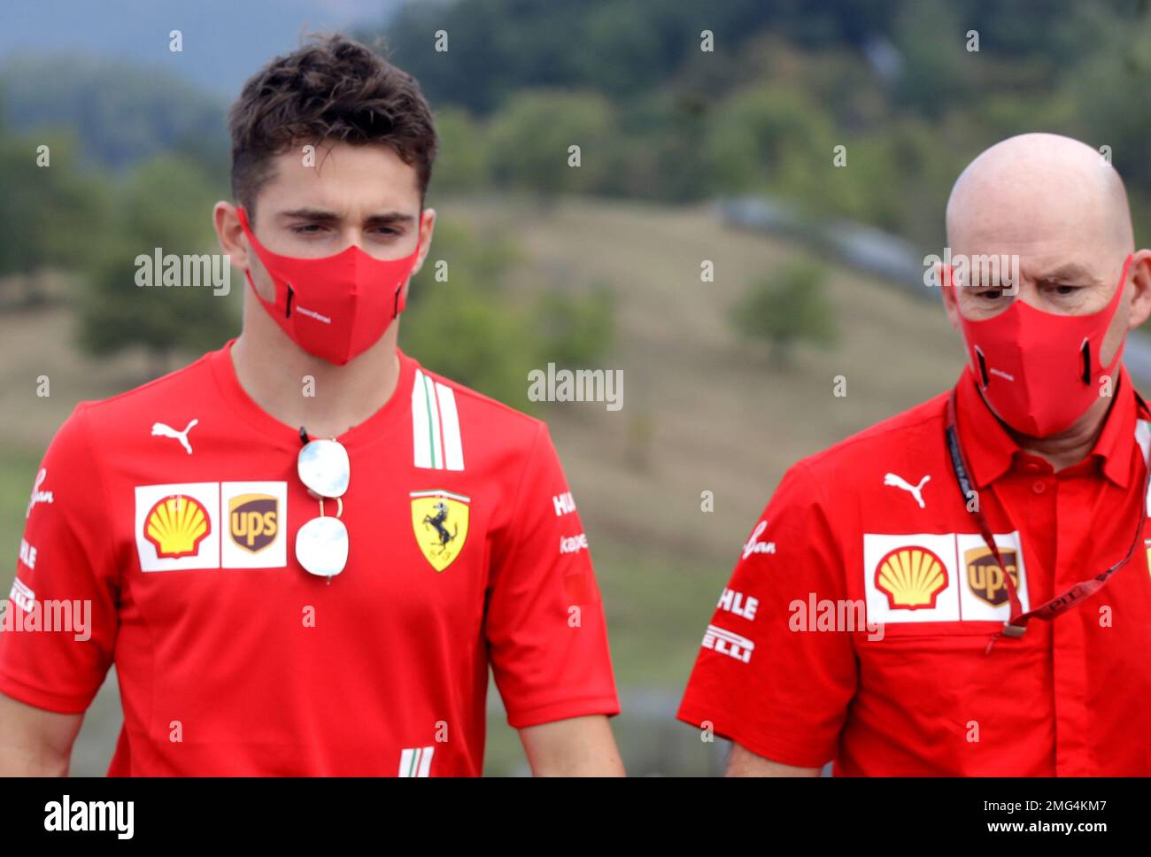 Ferrari driver Charles Leclerc of Monaco, left, participates in a track ...