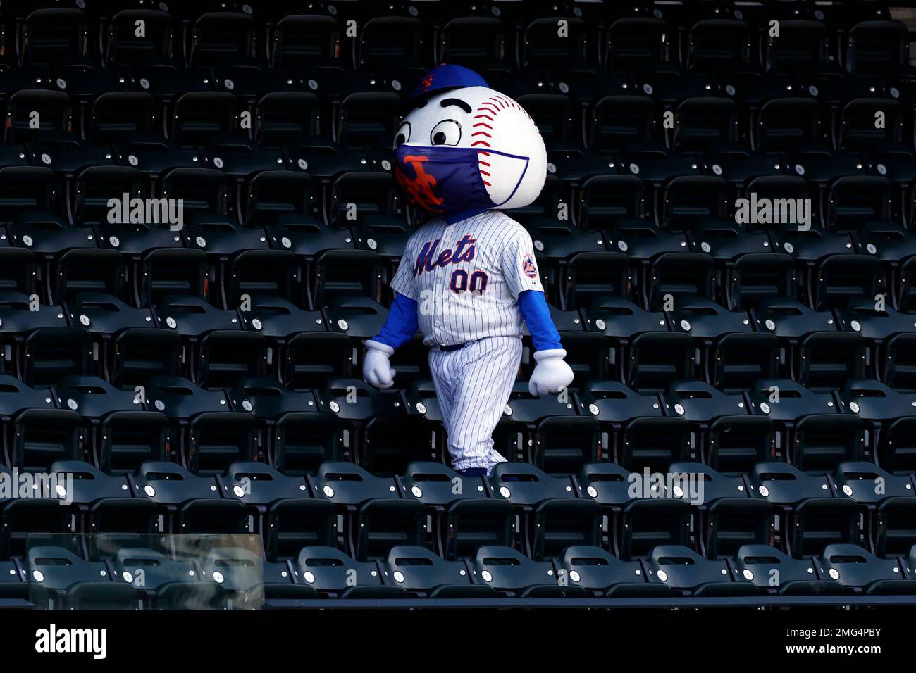 The New York Mets mascot Mr. Met during the sixth inning of a baseball ...