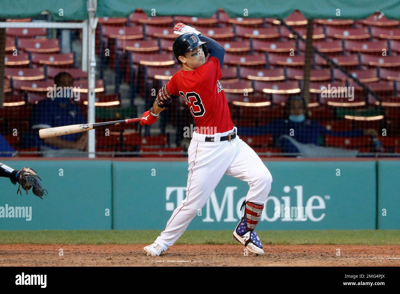 Boston Red Sox's Michael Chavis follows through on a hit against the ...