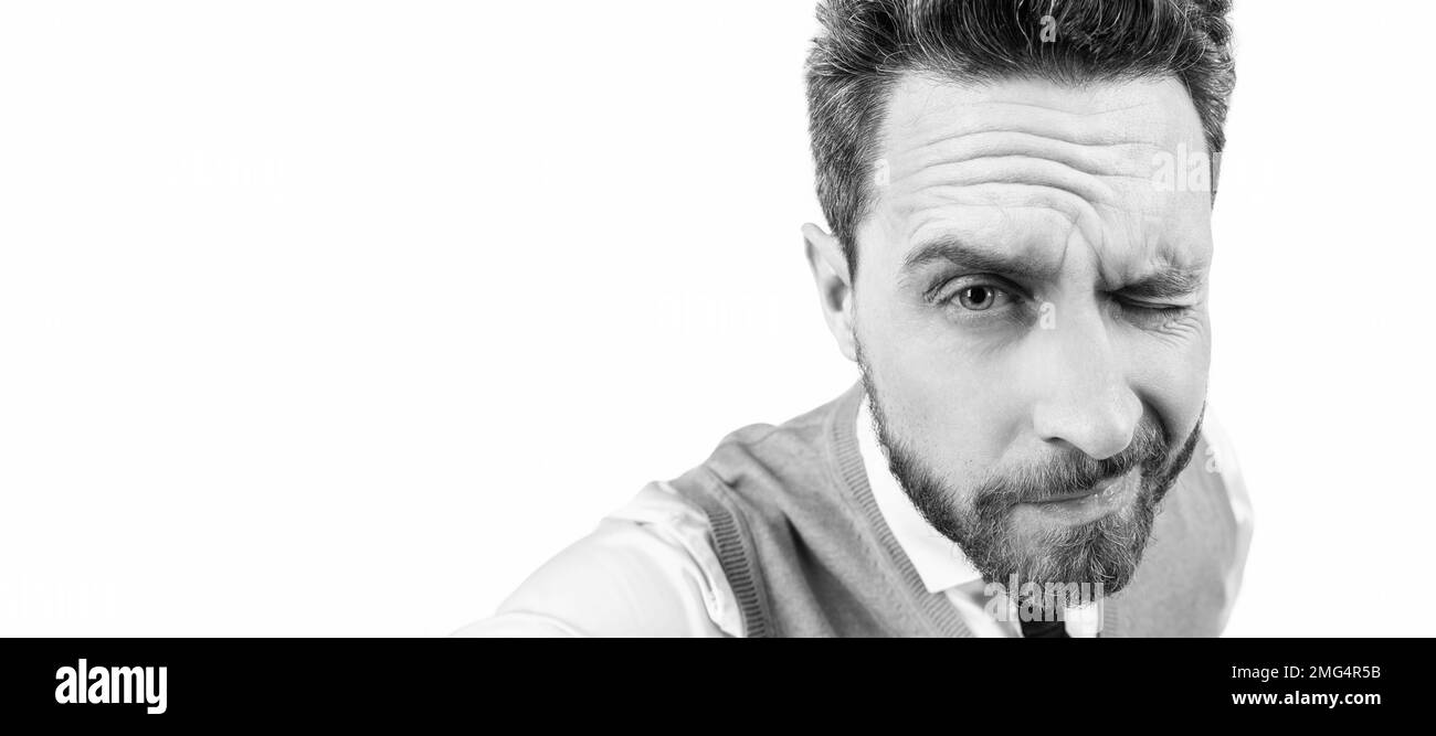 Man face portrait, banner with copy space. grizzled man closeup ...