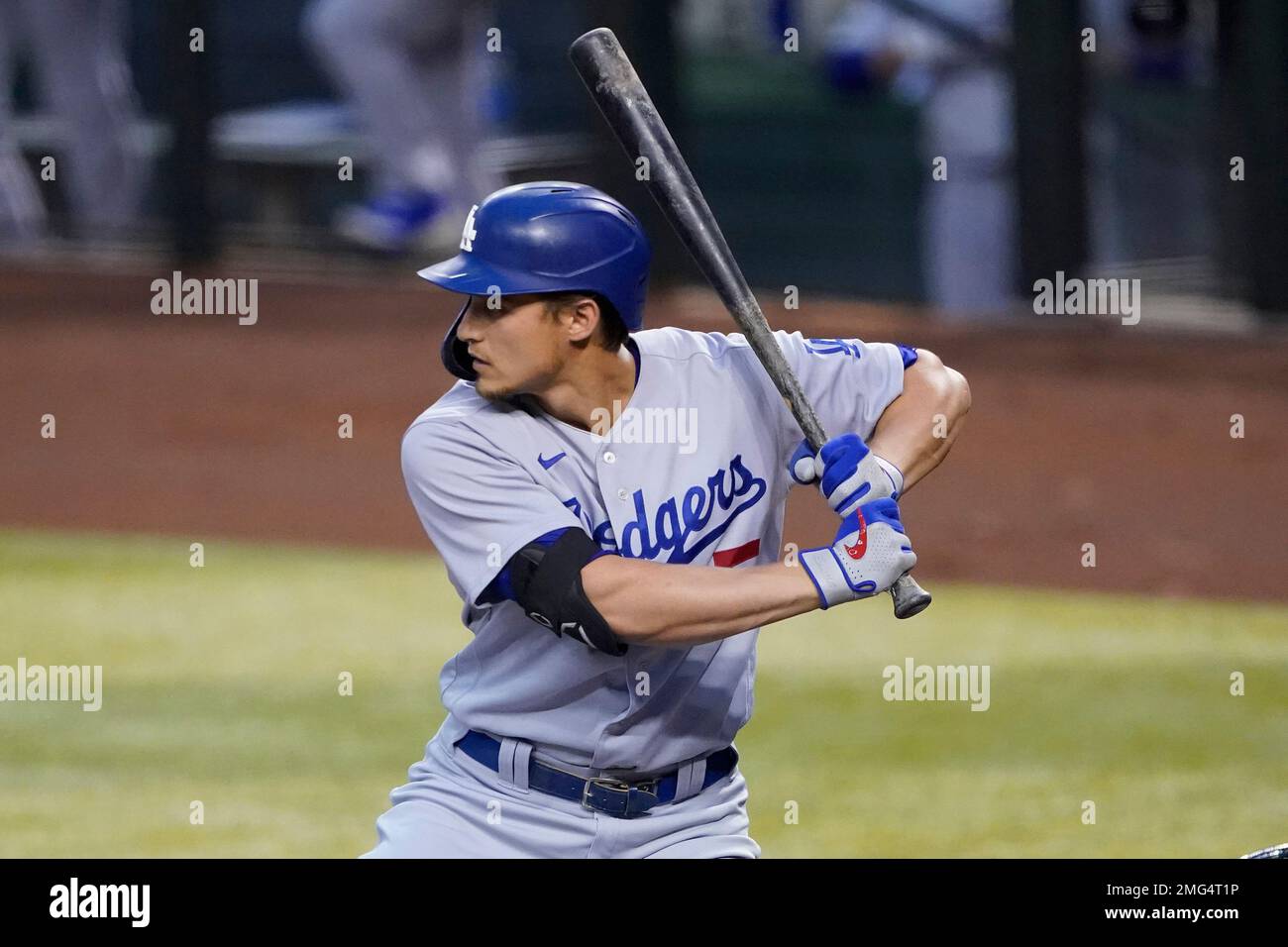 Los Angeles Dodgers' Corey Seager hits against the Arizona Diamondbacks during the first inning ...
