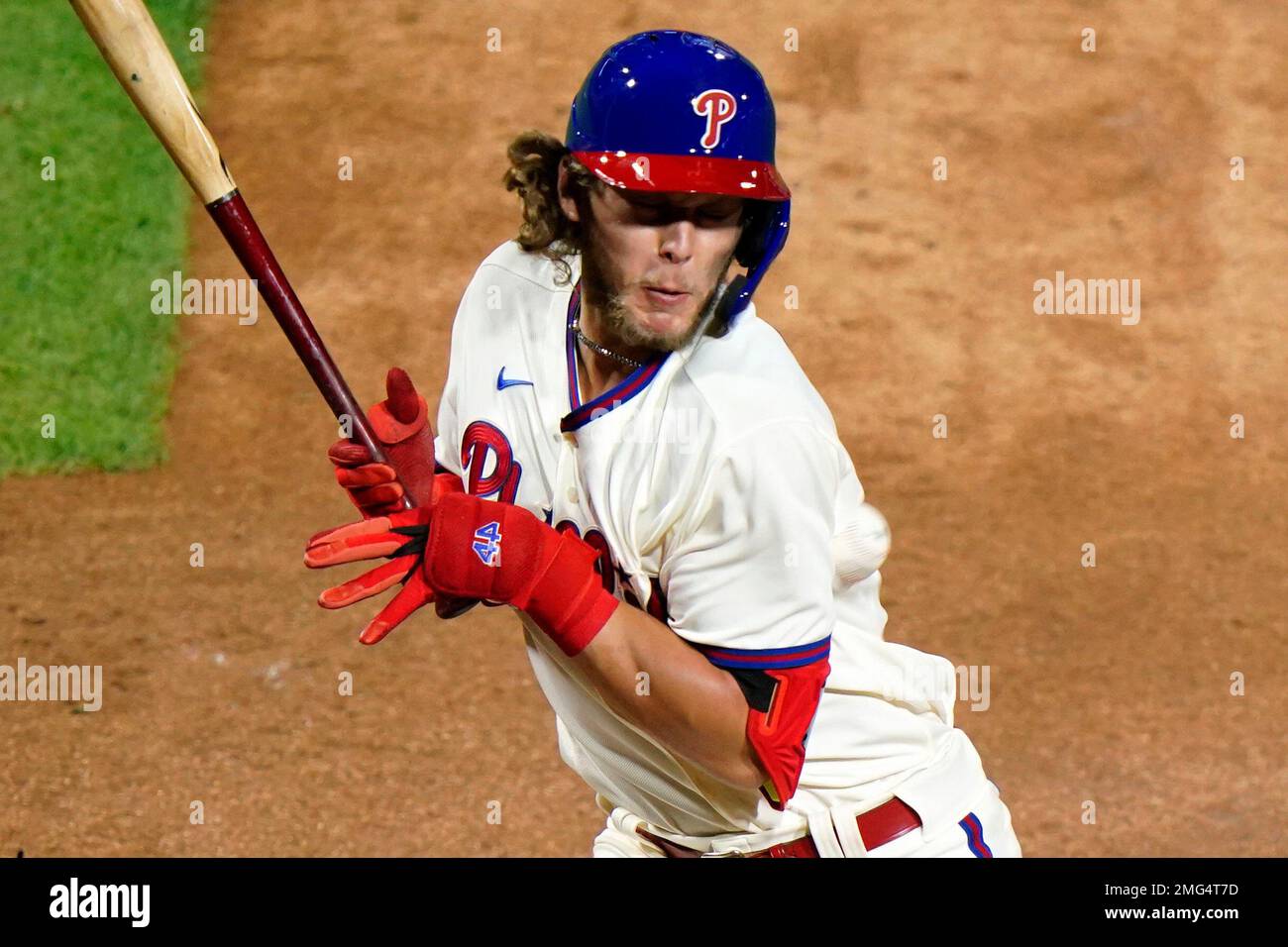 Philadelphia Phillies' Alec Bohm is hit by a pitch from Boston Red Sox ...