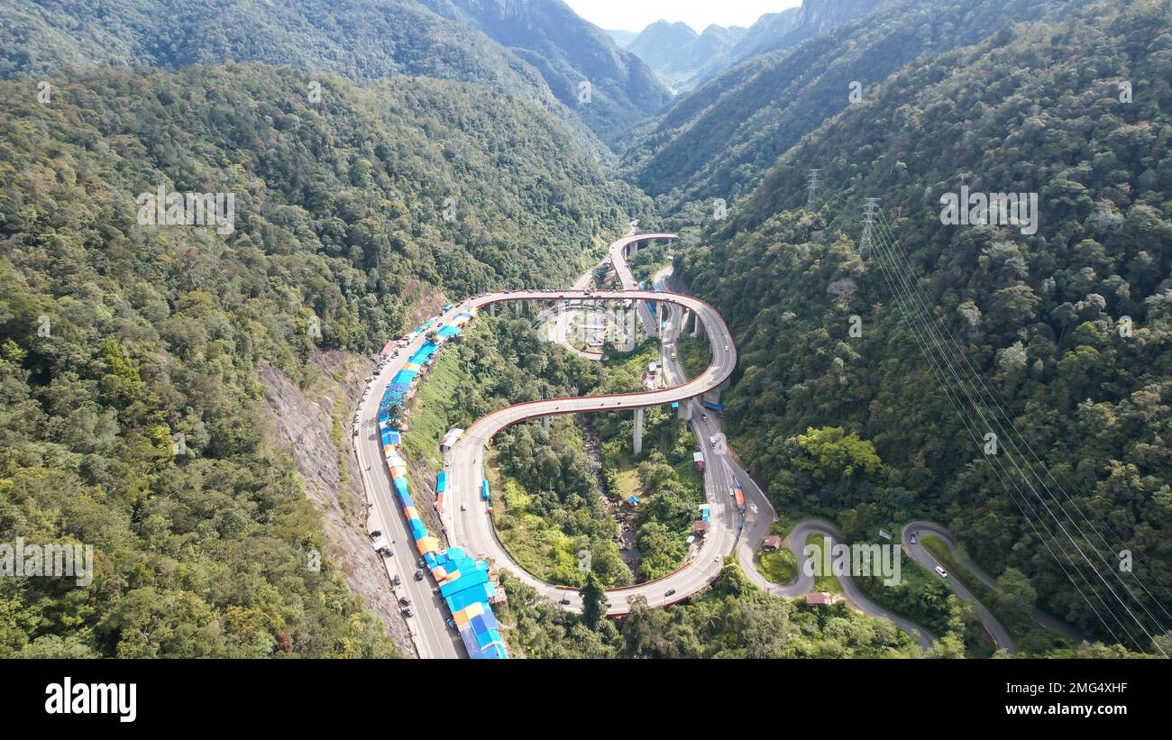 Aerial view of Kelok 9 bridge West Sumatra. Payakumbuh, Indonesia ...