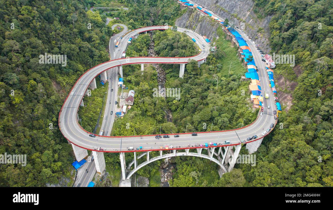 Aerial view of Kelok 9 bridge West Sumatra. Payakumbuh, Indonesia ...