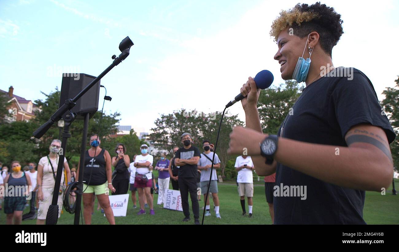 In this image taken from video, activist and rapper Genesis Be performs ...