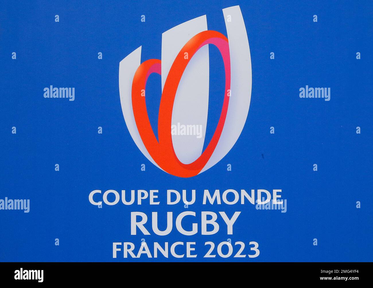 The logo of the 2023 Rugby World Cup is displayed during a presentation ...