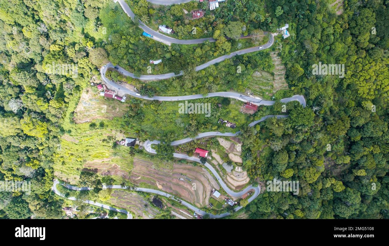 Aerial view of Kelok 44. Tuning 44 is a unique street located in the ...