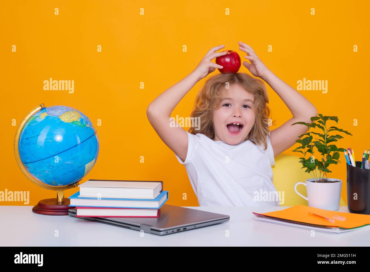 School child portrait isolated on yellow studio background. Kid boy ...