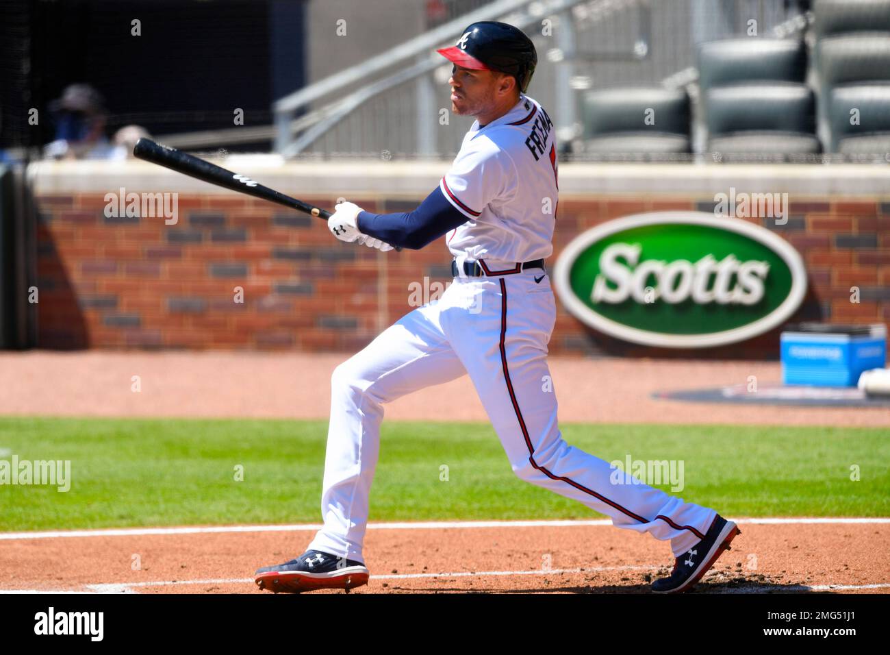 Atlanta Braves' Freddie Freeman watches his line drive to center field ...