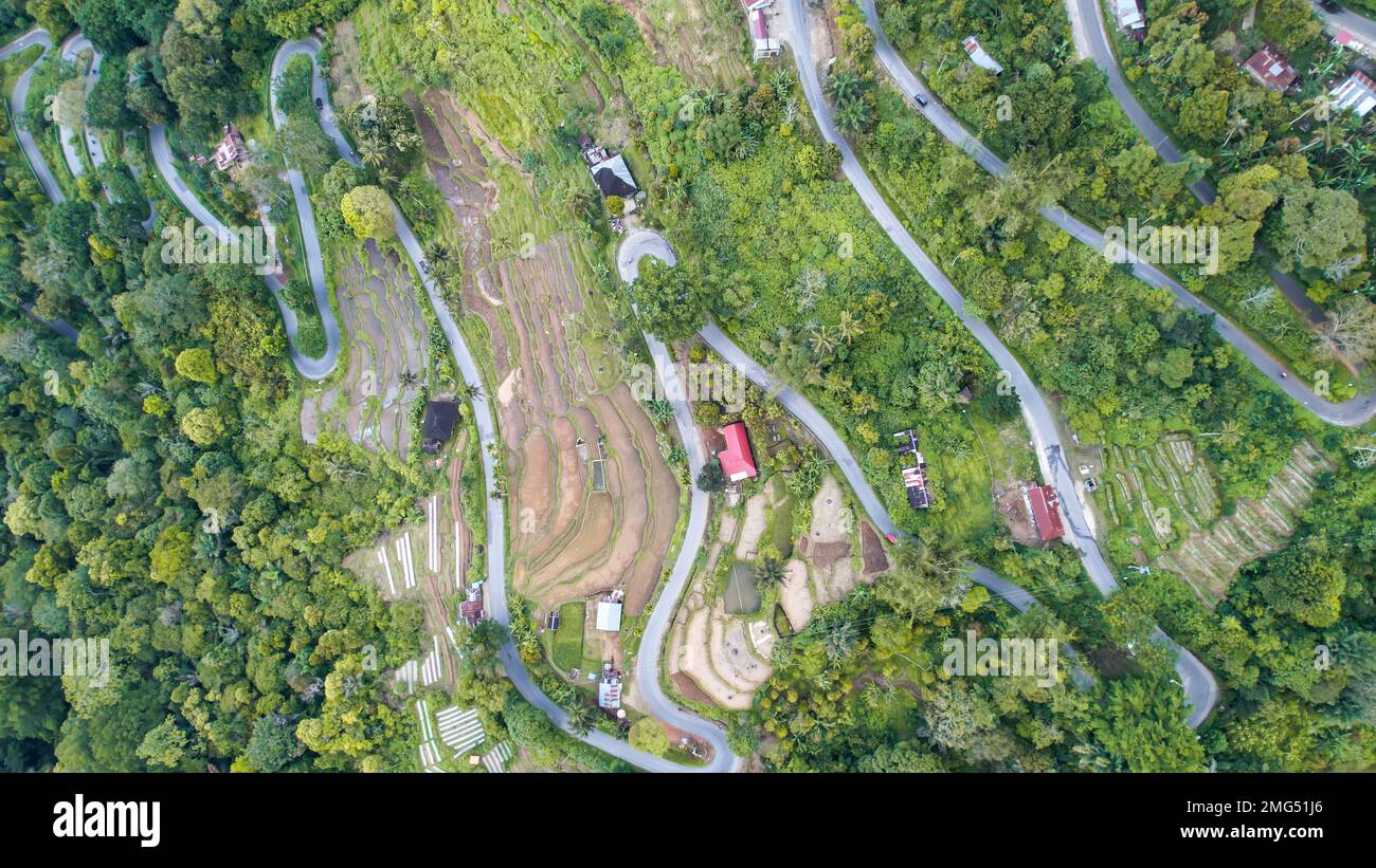 Aerial view of Kelok 44. Tuning 44 is a unique street located in the ...