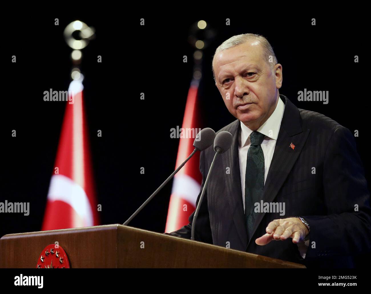 Turkey's President Recep Tayyip Erdogan speaks during a meeting, in ...