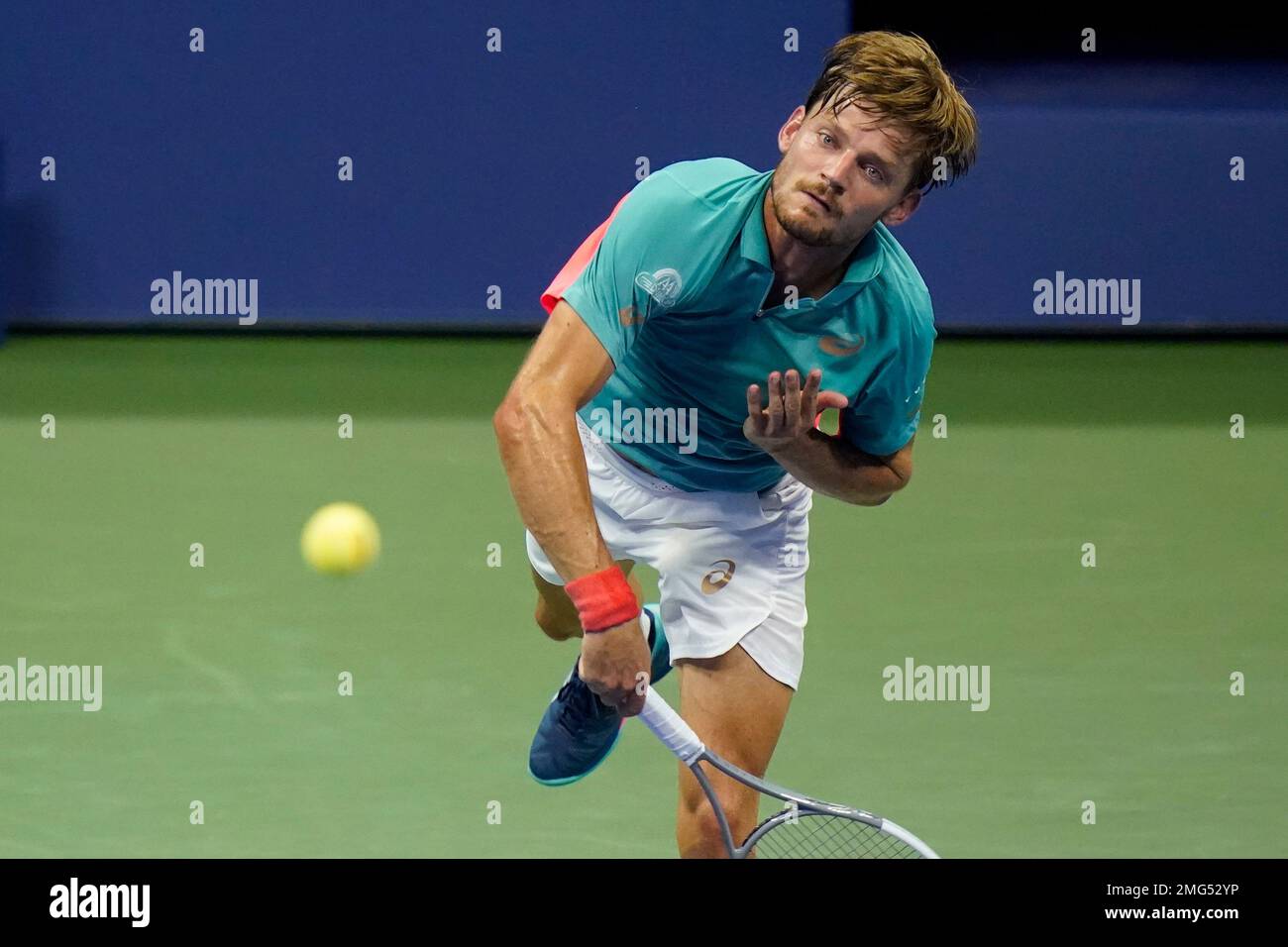 David Goffin, of Belgium, serves to Denis Shapovalov, of Canada, during ...