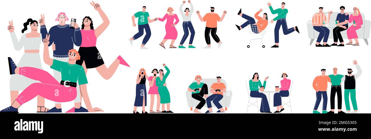 Flat friends characters together activities. Friend talking, girls in ...