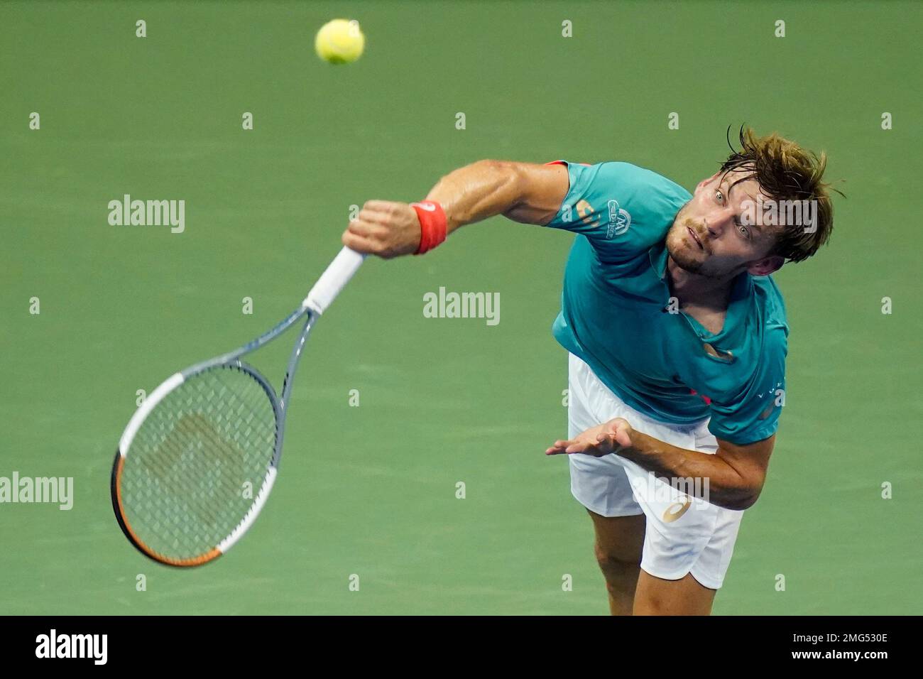 David Goffin, of Belgium, serves to Denis Shapovalov, of Canada, during ...