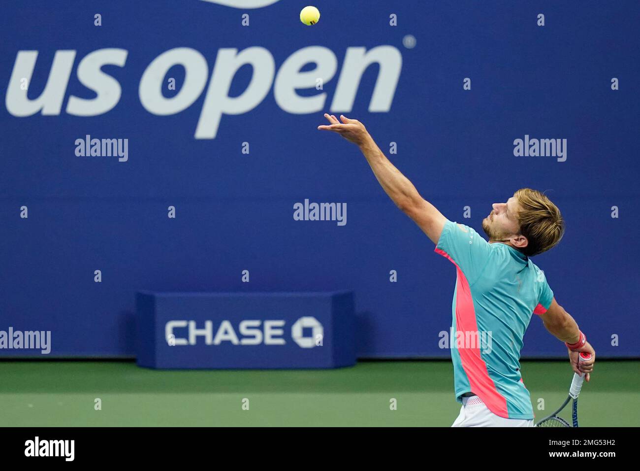 David Goffin, of Belgium, serves to Denis Shapovalov, of Canada, during ...
