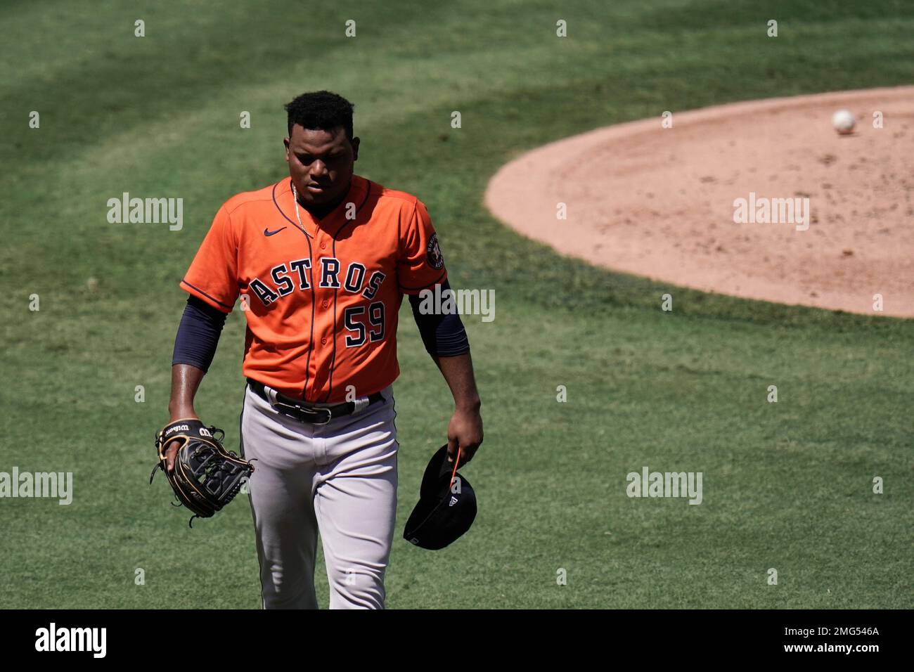 Houston Astros starting pitcher Framber Valdez leaves the mound after the second inning of a ...