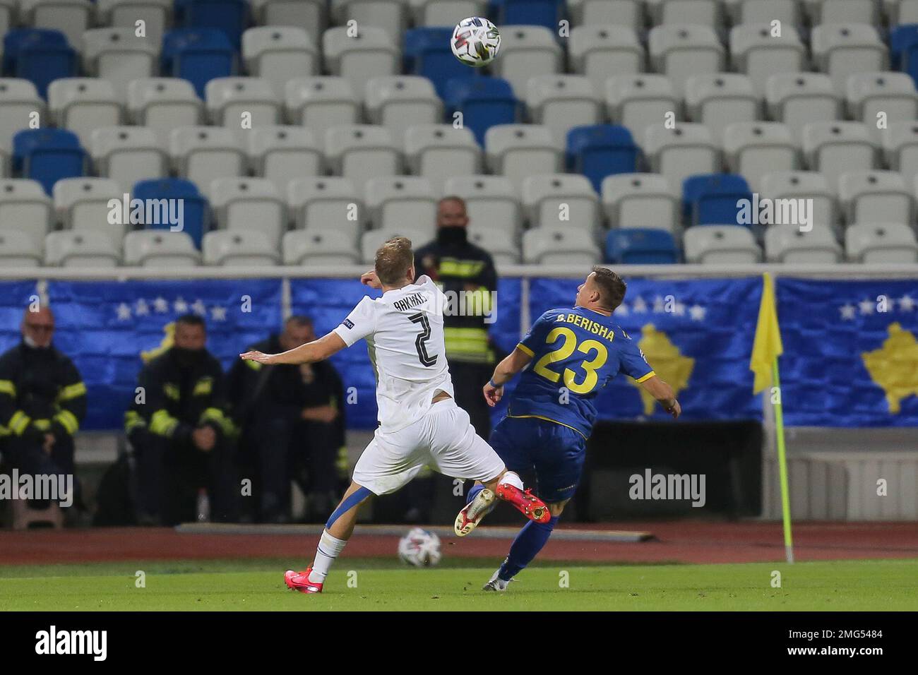 Michalis Bakakis of Greece is challenged by Bernard Berisha of Kosovo ...