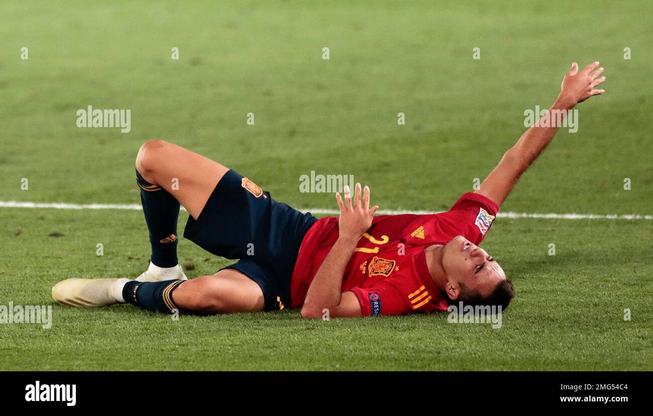 Spain's Sergio Reguilon reacts after he was injured during the UEFA ...