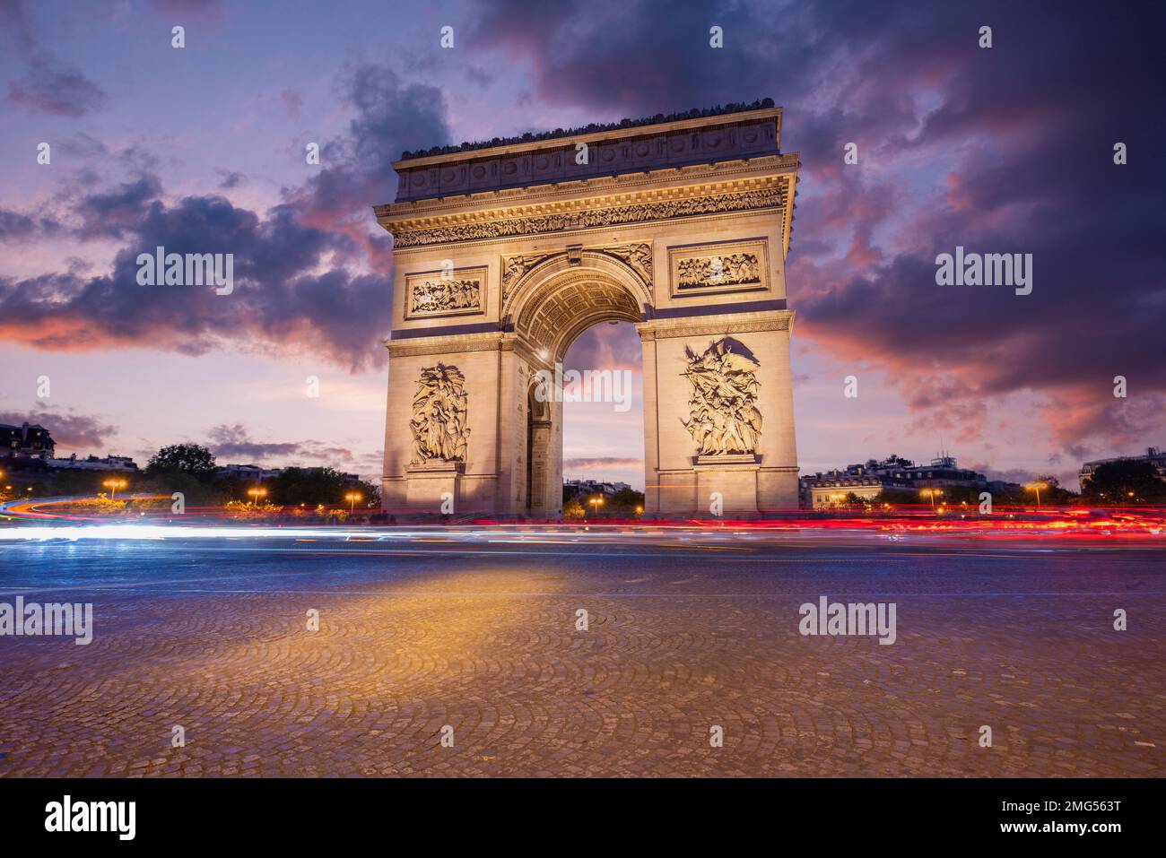 Arc de Triomphe(Arch of Triumph) Paris city at sunset. Long exposure ...