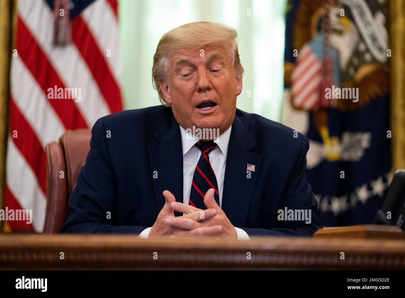 President Donald Trump speaks during a signing ceremony with Serbian ...