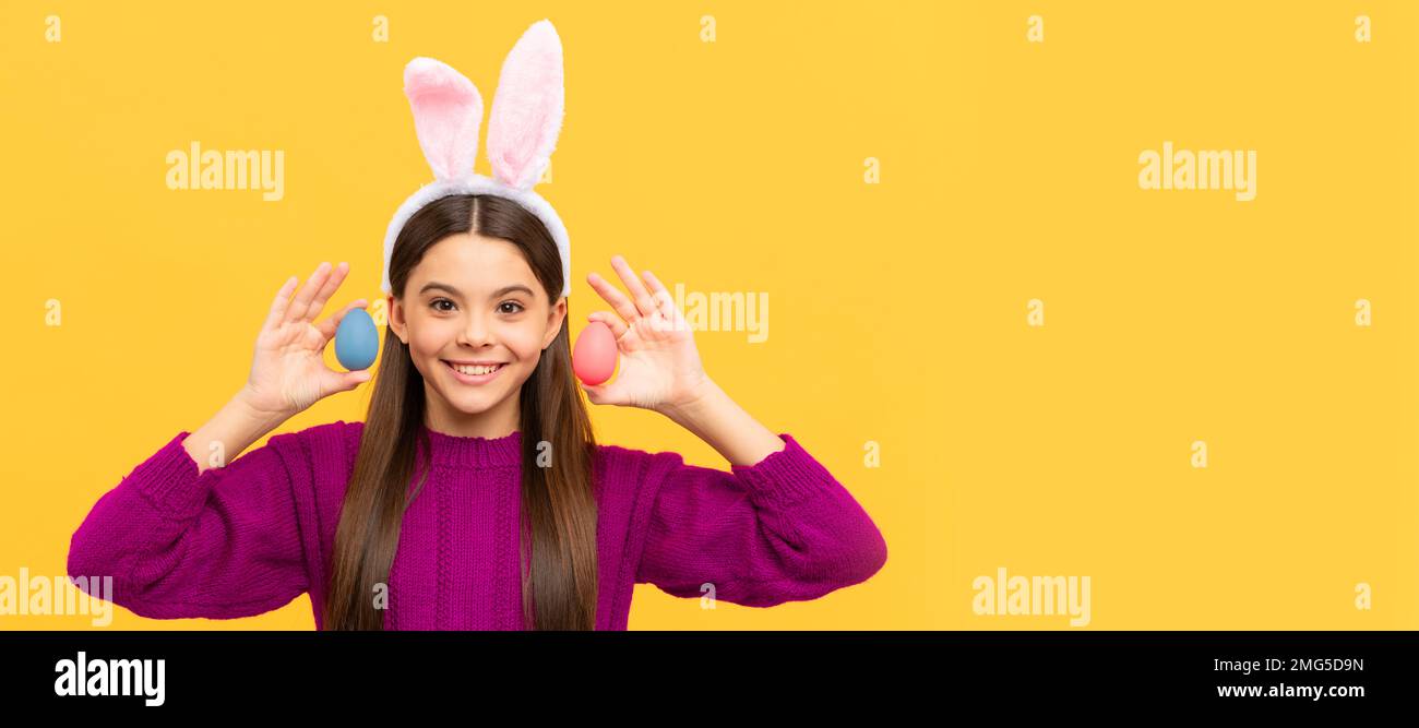easter spring holiday. happy teen girl wear bunny ears. Easter child ...