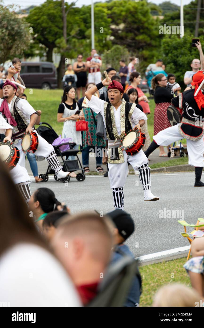 A Shime-daiko drummer with Jaagaru Eisa Group performs in an Eisa march ...