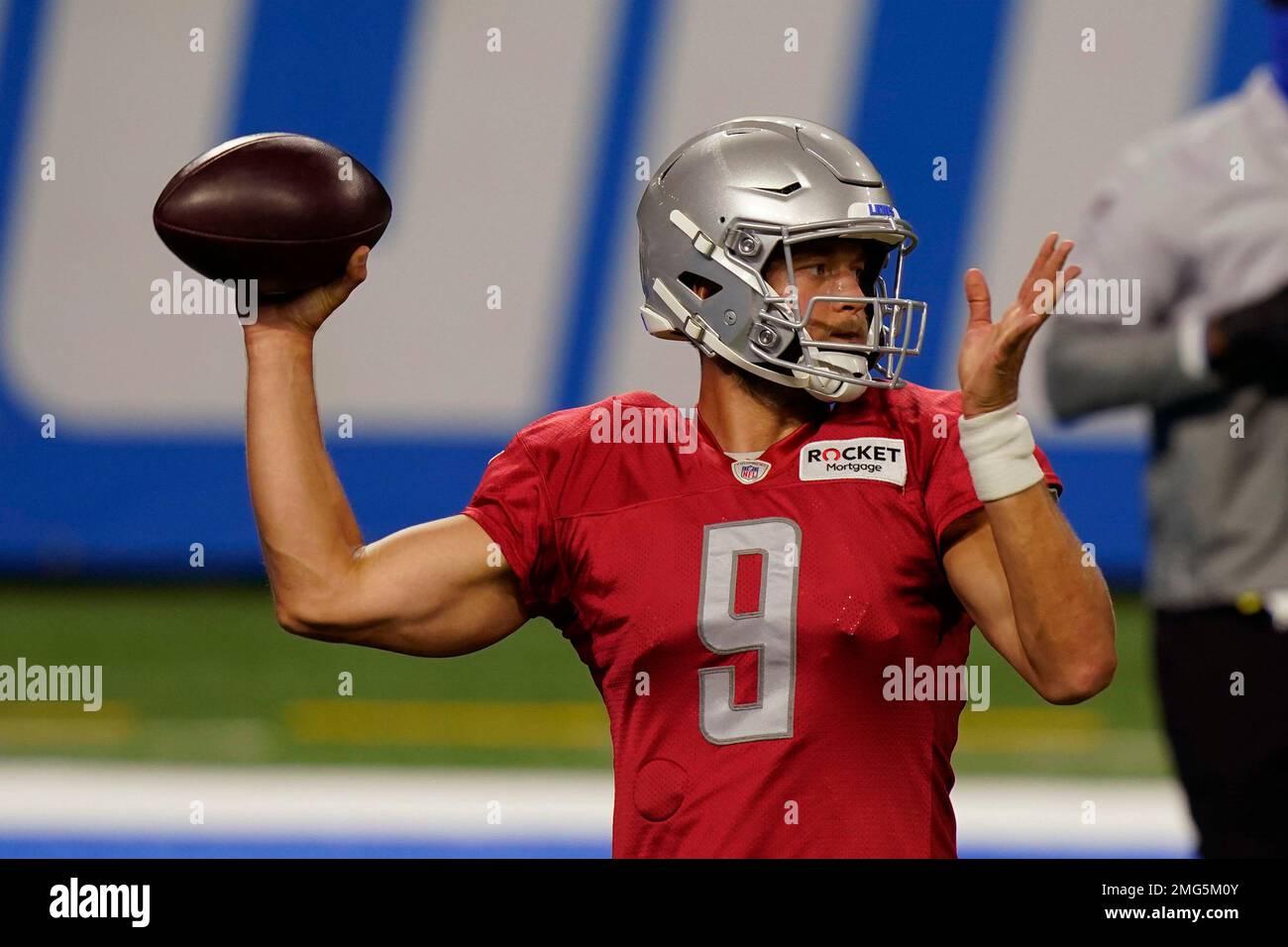Detroit Lions quarterback Matthew Stafford throws during drills at the ...