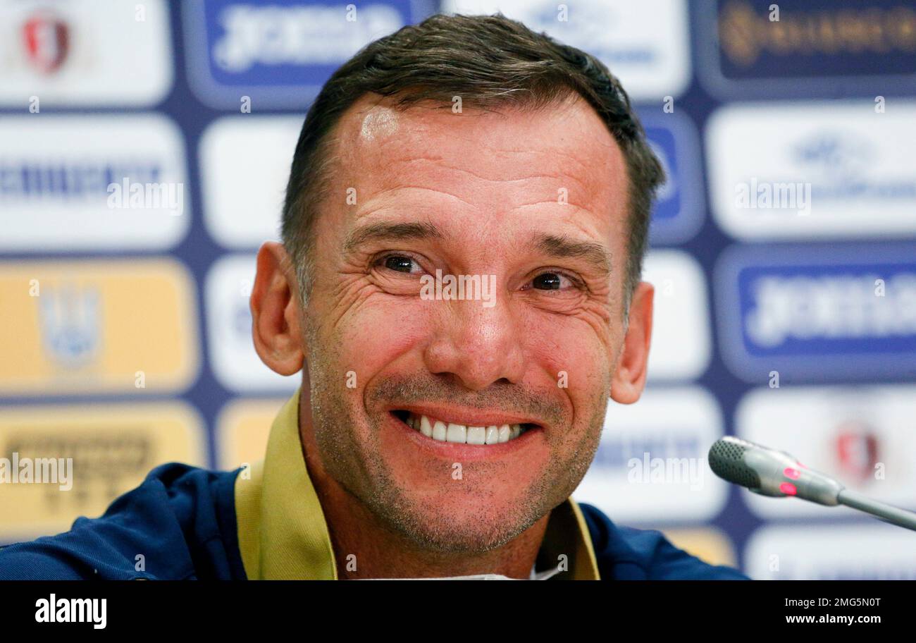 Ukraine's head coach Andriy Shevchenko attends a press conference ahead ...
