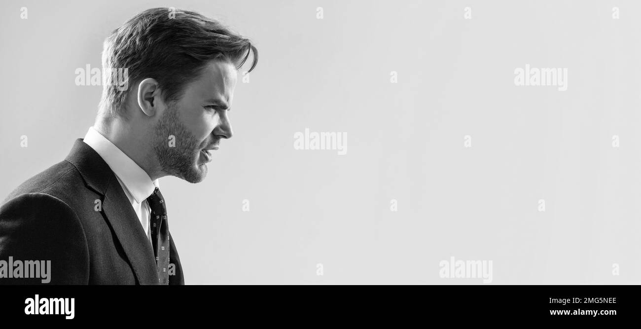 Hes really angry. Angry boss grey background. Professional man show ...